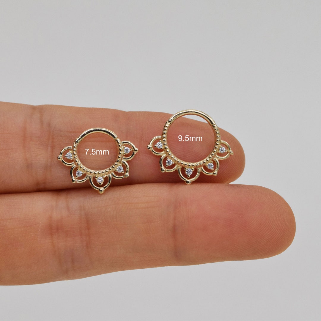 14k Solid Gold Flower Petal Beaded Effect Hinged Septum Clicker Daith ...