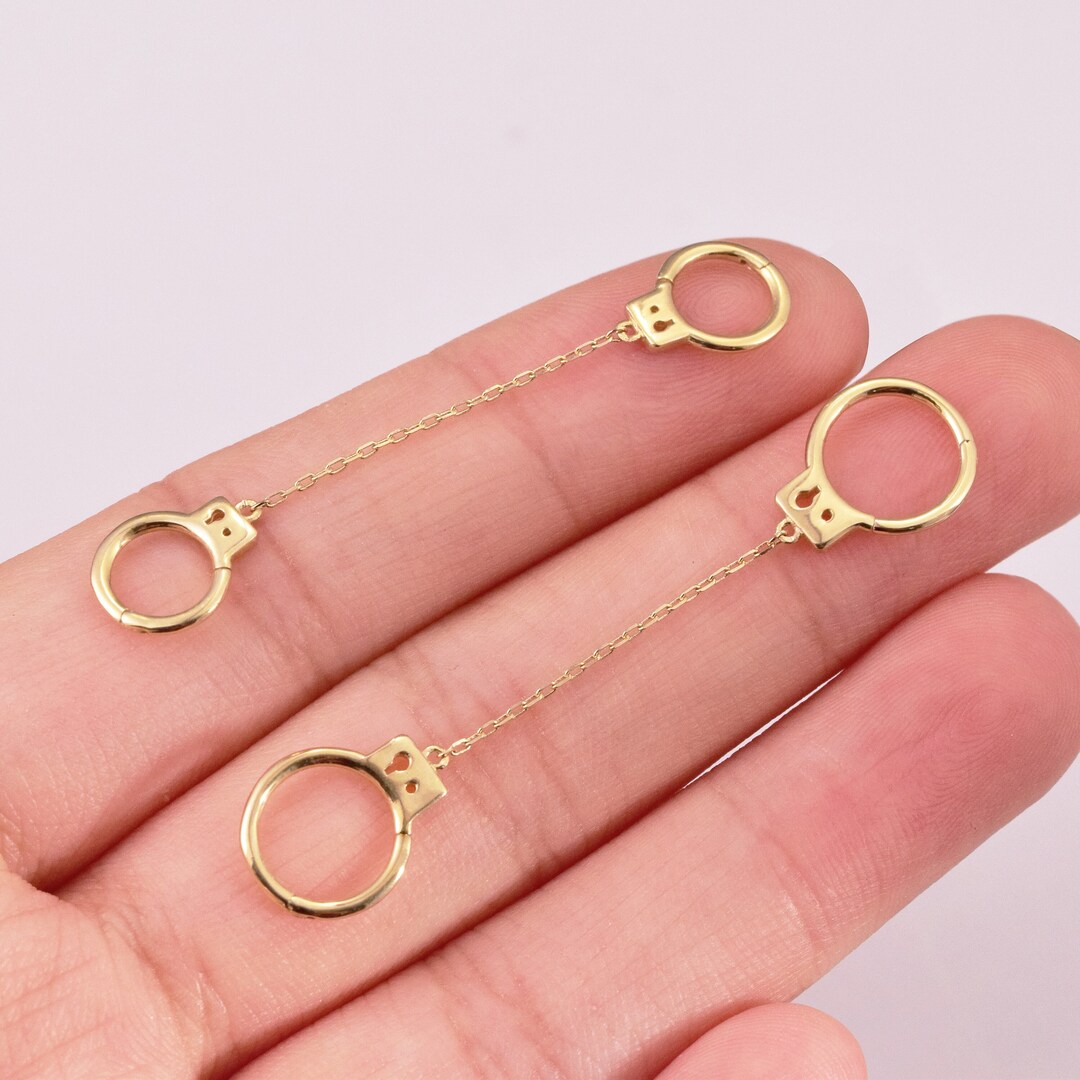 14k Solid Gold Double Handcuffed Chain Huggie Hoop Earring Handcuffed ...
