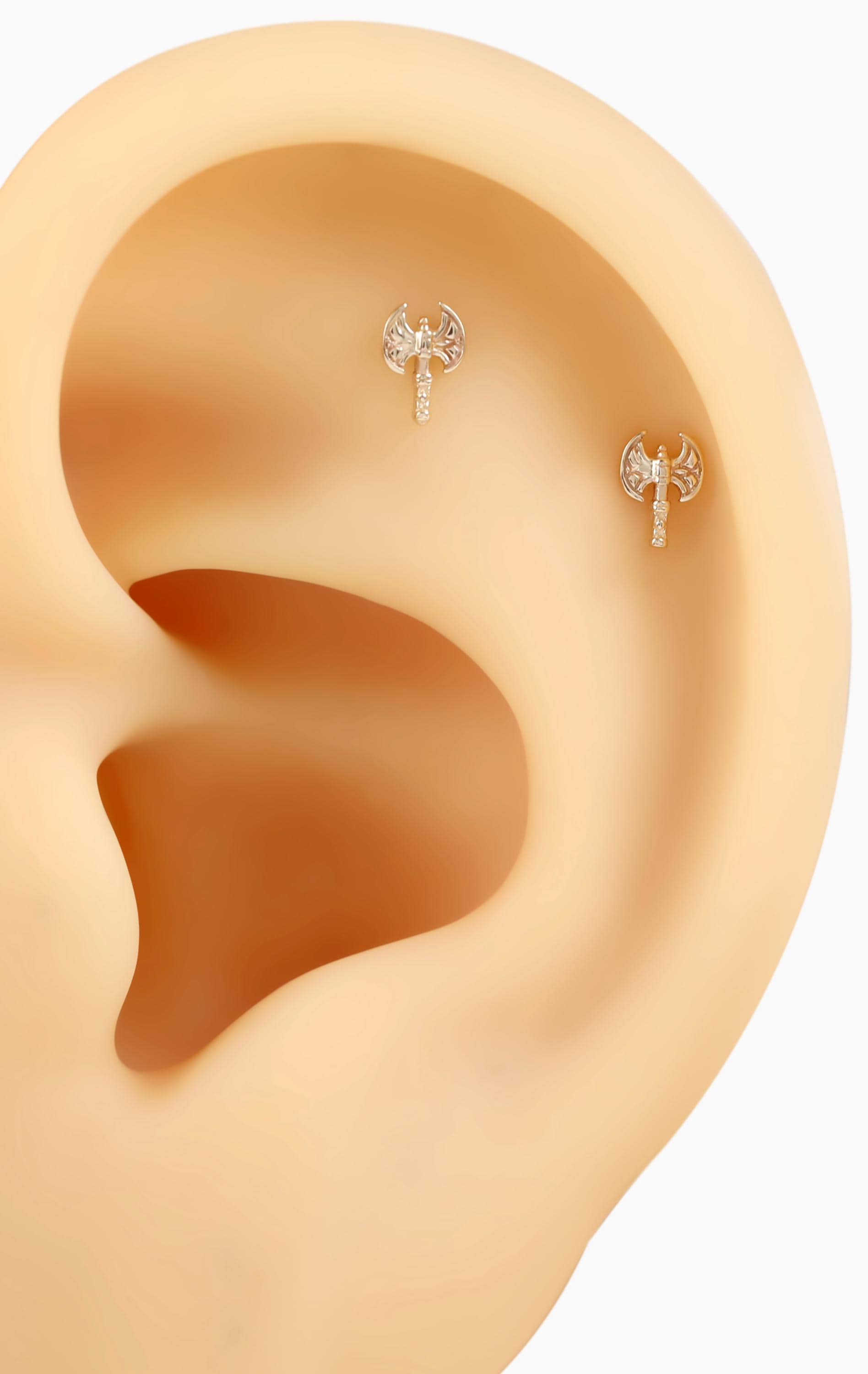 14k Solid Gold Double Headed Axe Helix Threadless Push Pin Stud Axe ...