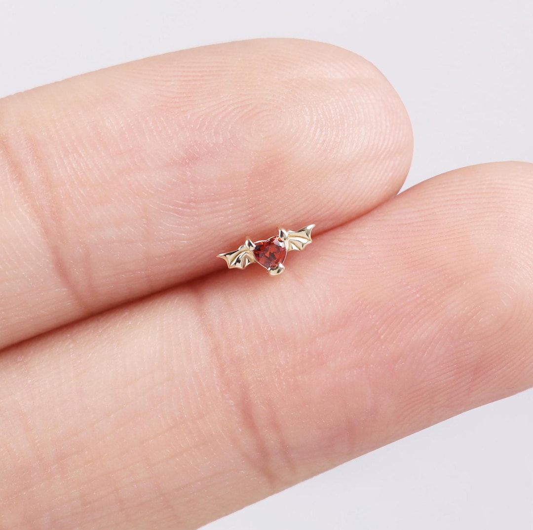 14k Solid Gold Heart Red Garnet Devil Cartilage Earring Gold Evil ...