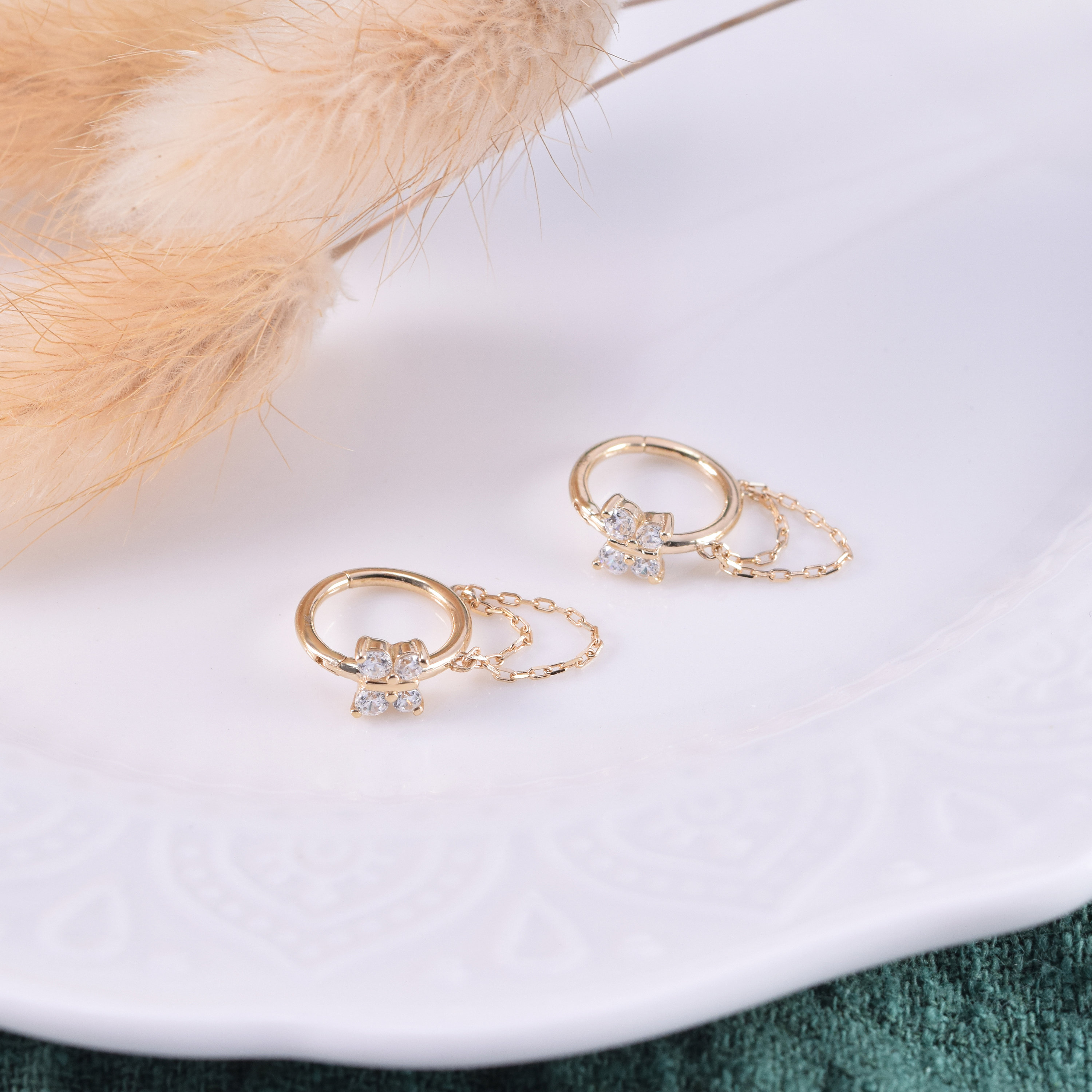 14K Solid Gold Double Chain Clicker Butterfly Tragus Hoop Earring Chain ...