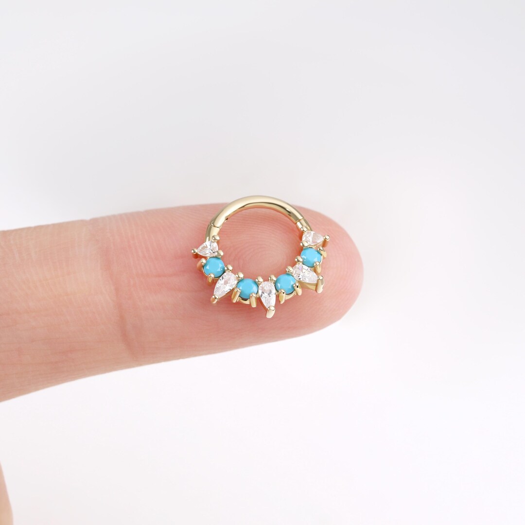 14K Solid Gold Turquoise Spike Daith Clicker, Gold Diamond Seamless ...