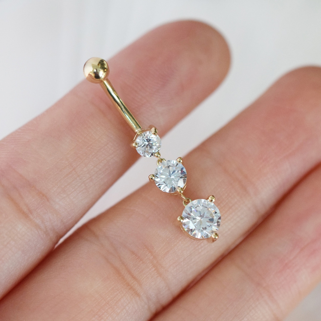 14k Solid Gold Dangle Belly Button Ring Three Stone Navel Piercing Gold ...