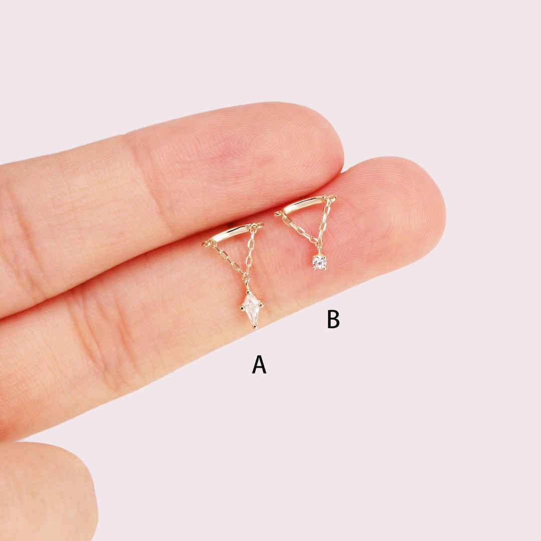 14k Solid Gold Dangle Chain Stud Earring Dangle Marquise and Square Helix Stud Tragus Stud ...