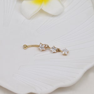 14k Solid Gold Dangle Star Belly Button Ring Triple Stars Belly Button ...