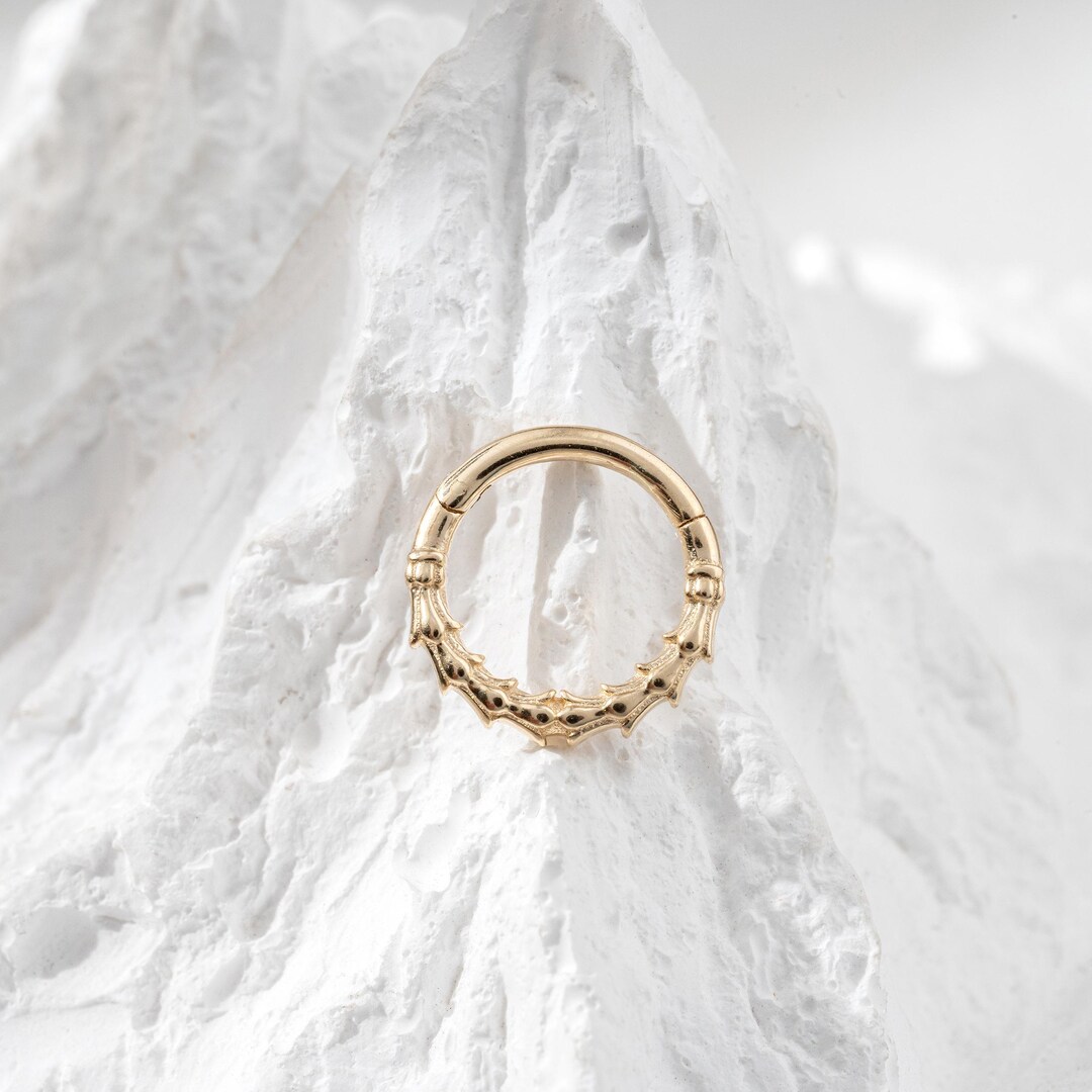 14k Solid Gold Textured Septum Ring Flower Pattern Daith Huggie Hoop ...