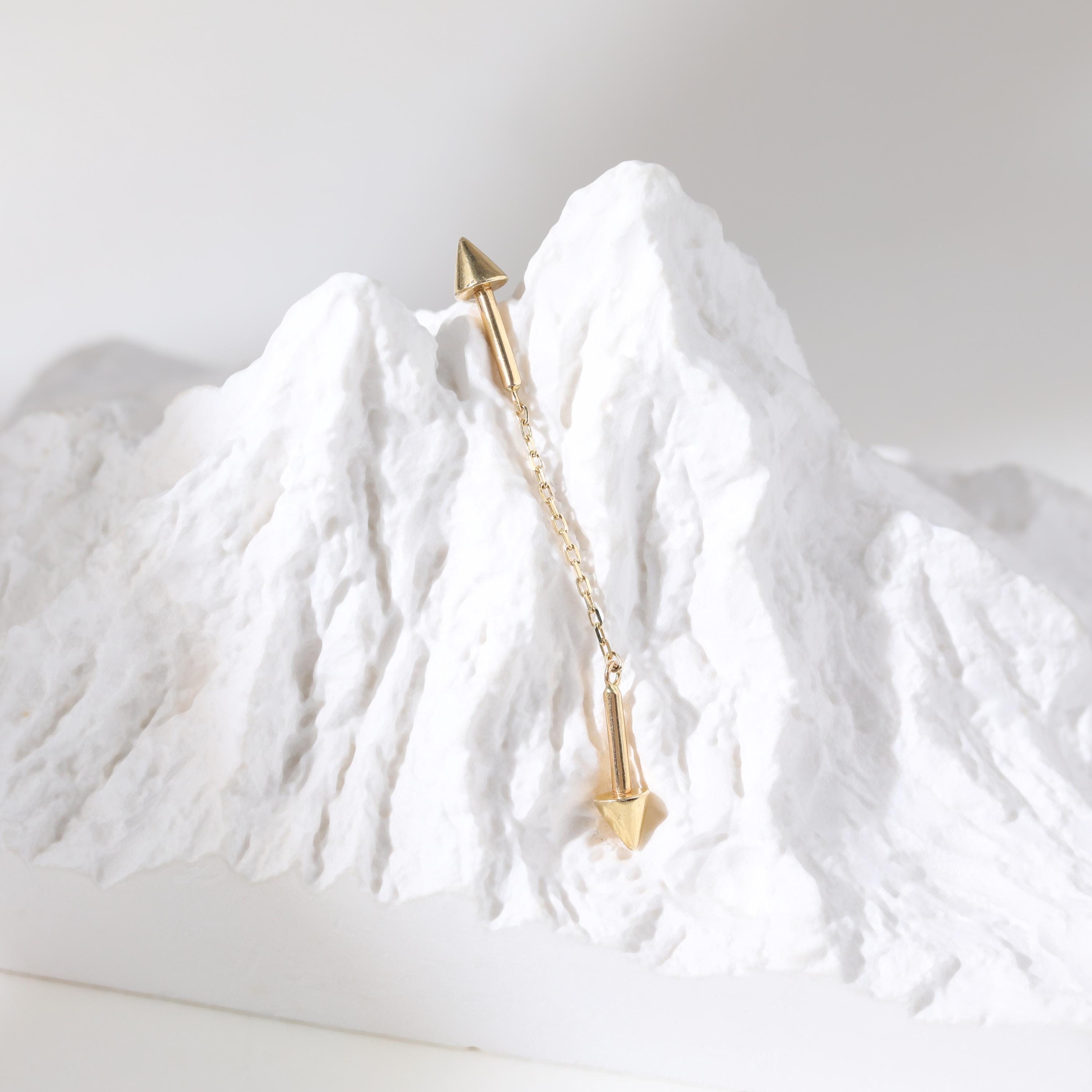 14k Solid Gold Cone Spike Industrial Chain Earring Externally Threaded ...