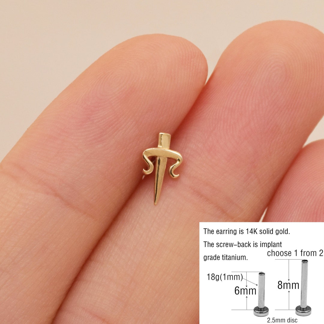 14k Solid Gold Dagger Stud Earring Cute Sword Internally Threaded Cartilage Stud Conch Stud ...