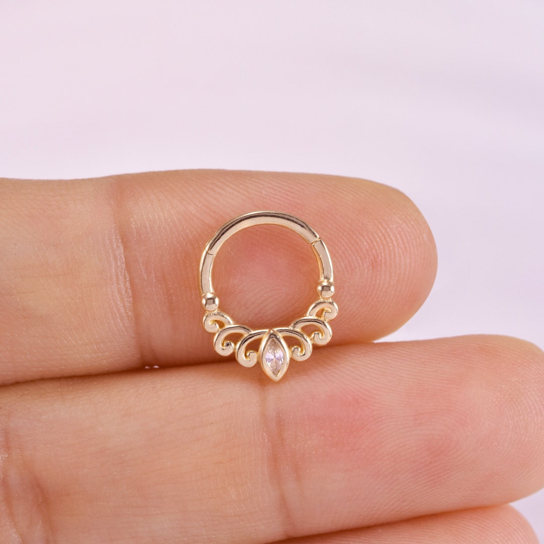 14K Solid Gold Flower Edge Septum Ring Flower Marquise Daith Hoop ...