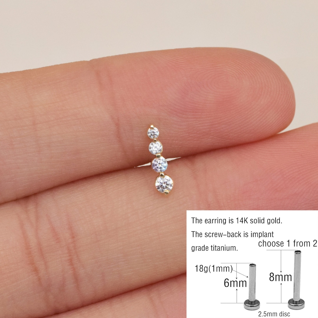 14k Solid Gold Climber Stones Tragus Stud Earring Dainty Four Clear ...