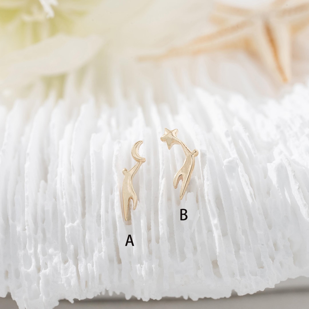 14K Solid Gold Moon&star Picker Earring Crescent Stud Gold Star ...