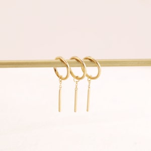 14K Solid Gold Long Dangle Drop Charm Thin Bar Chain Charm Tragus Rook Hoop Charm Cartilage ...