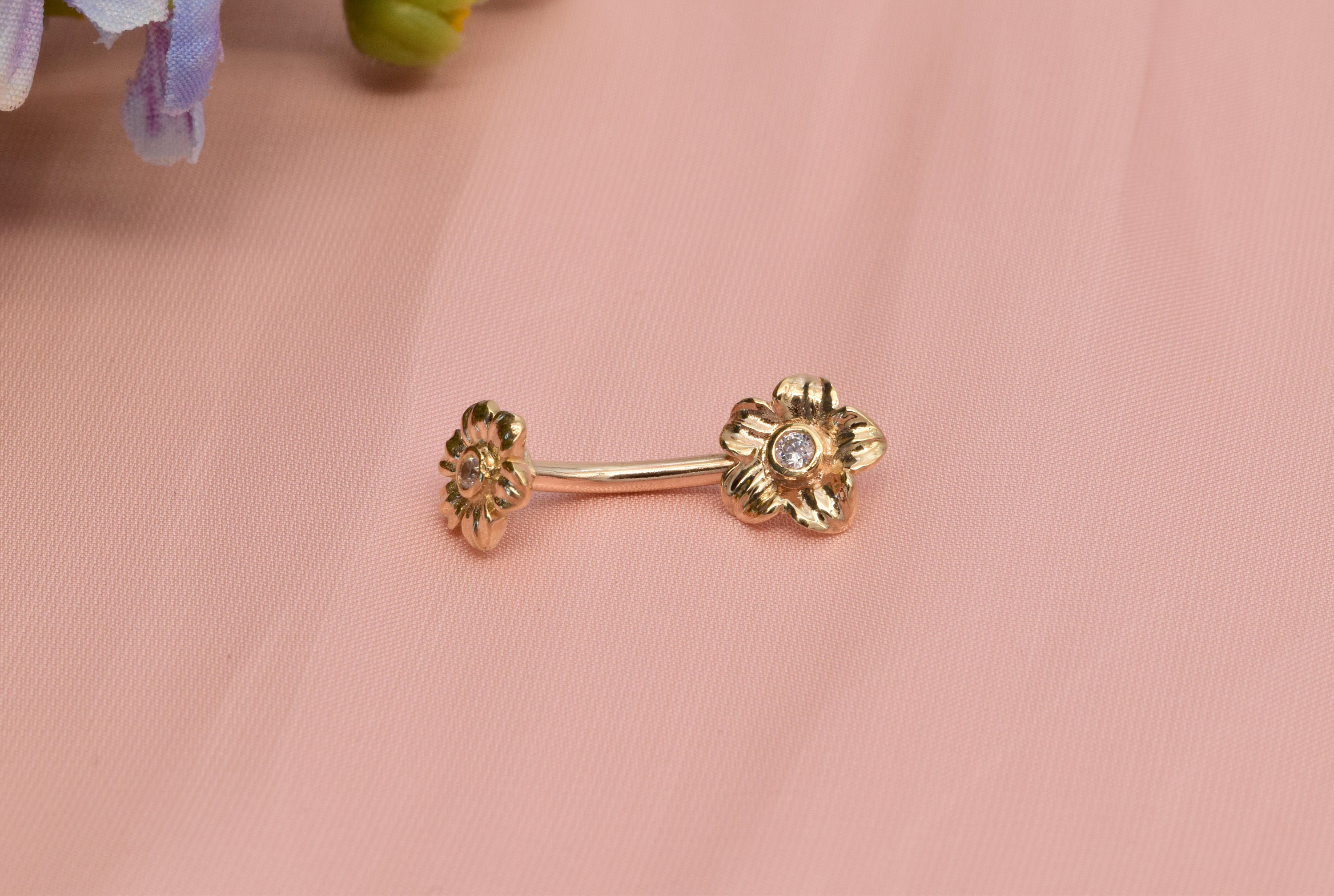 14k Solid Gold 14g Double Flower Belly Button Ring Navel - Etsy