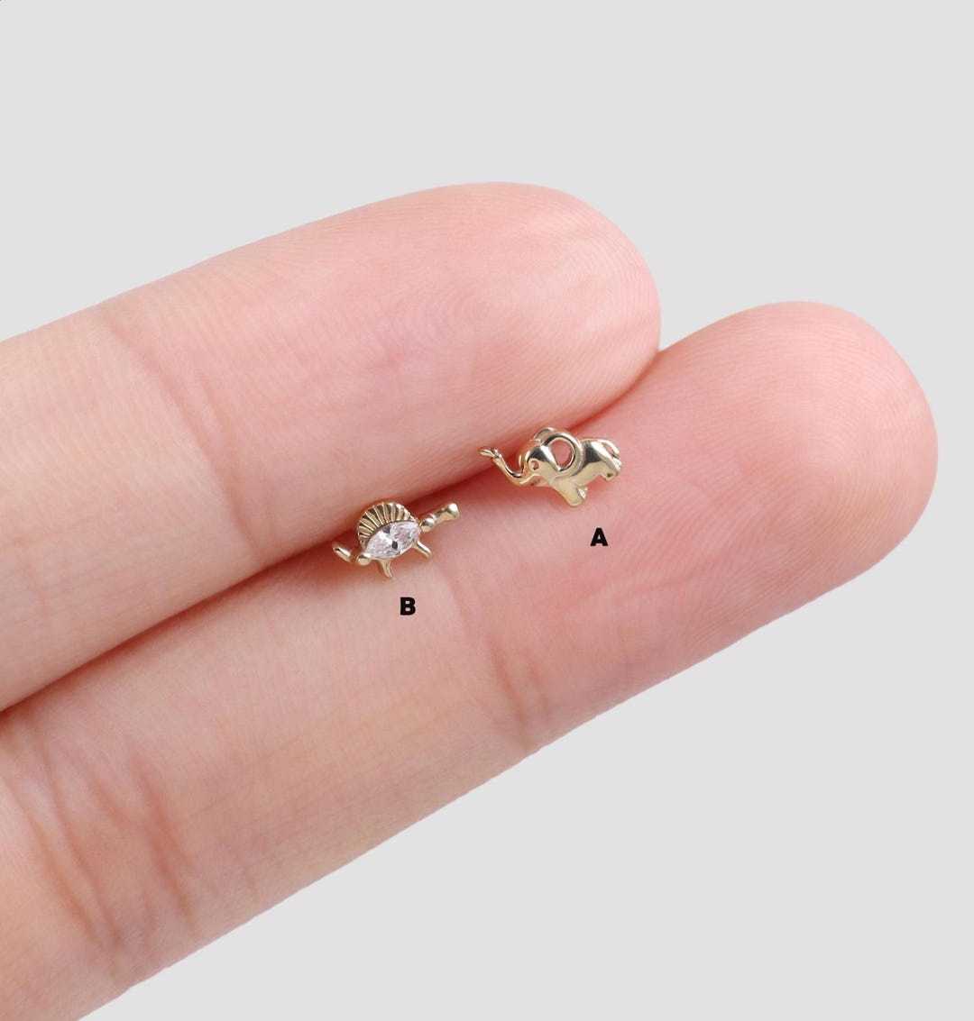 14K Solid Gold Dinosaur & Elephant Cartilage Earring Cute Animal Helix ...