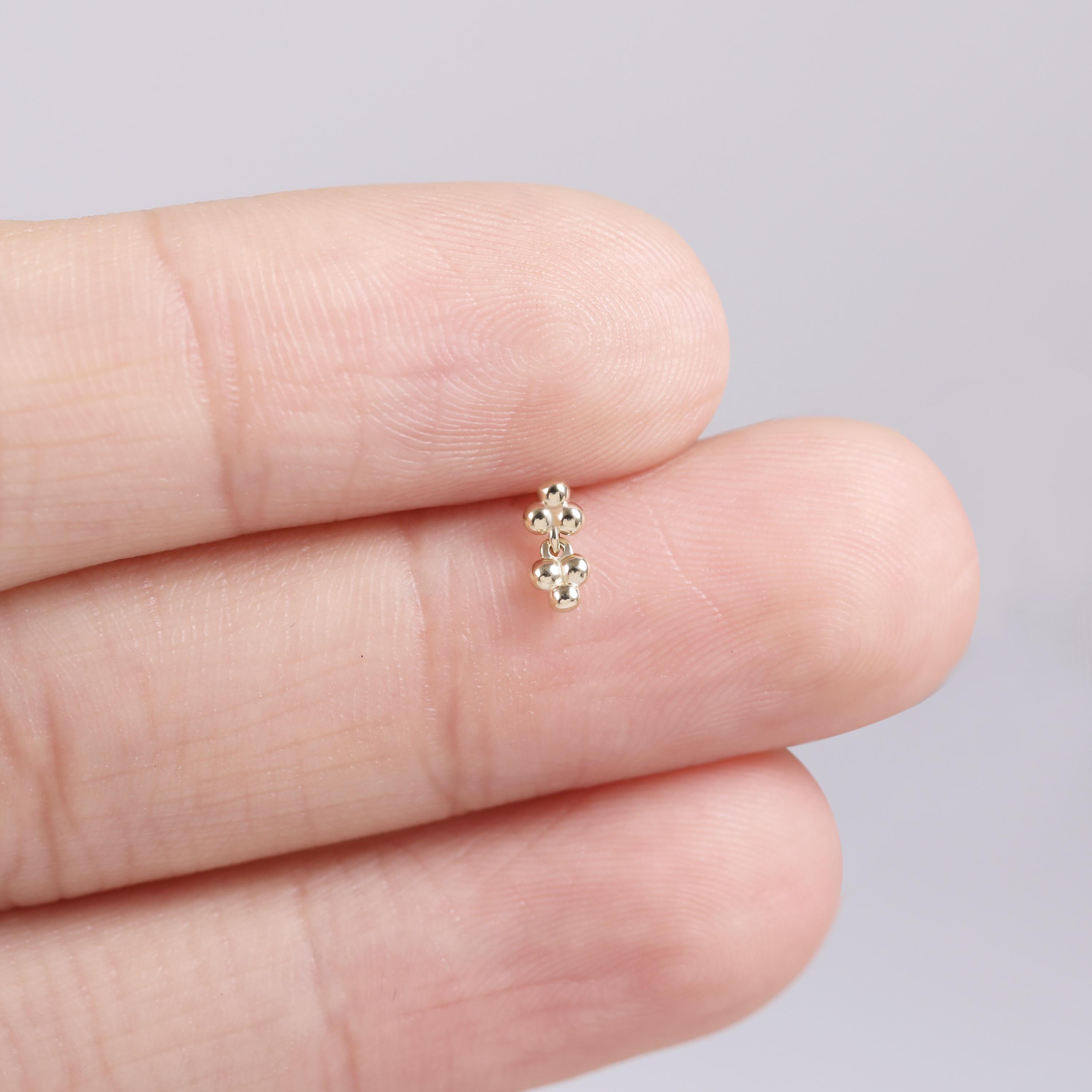 14K Solid Gold Triple Beads Cartilage Piercing, Dangle Three Ball Helix ...