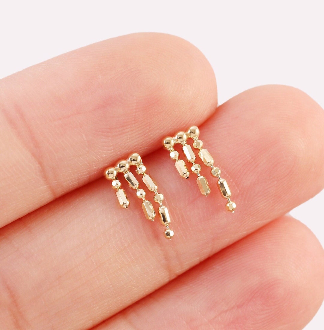 14k Solid Gold Dangle Chain Stud Earring, Beaded Waterfall Stud Earring ...