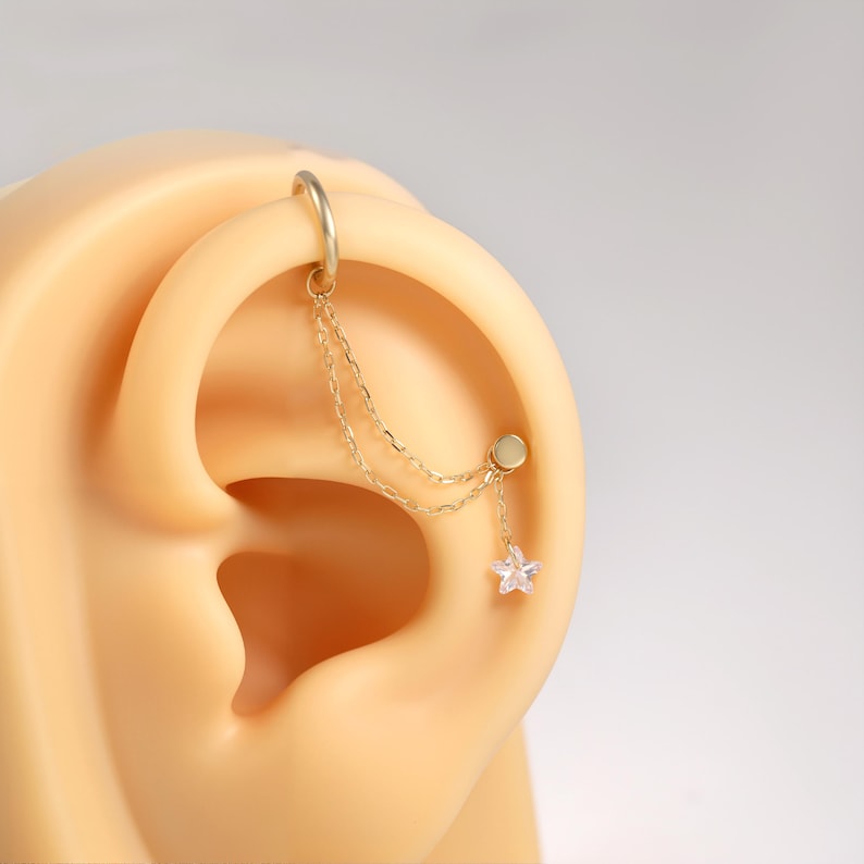 14K Solid Gold Dangle Star Helix Chain Attachment, Floating Gemstone ...