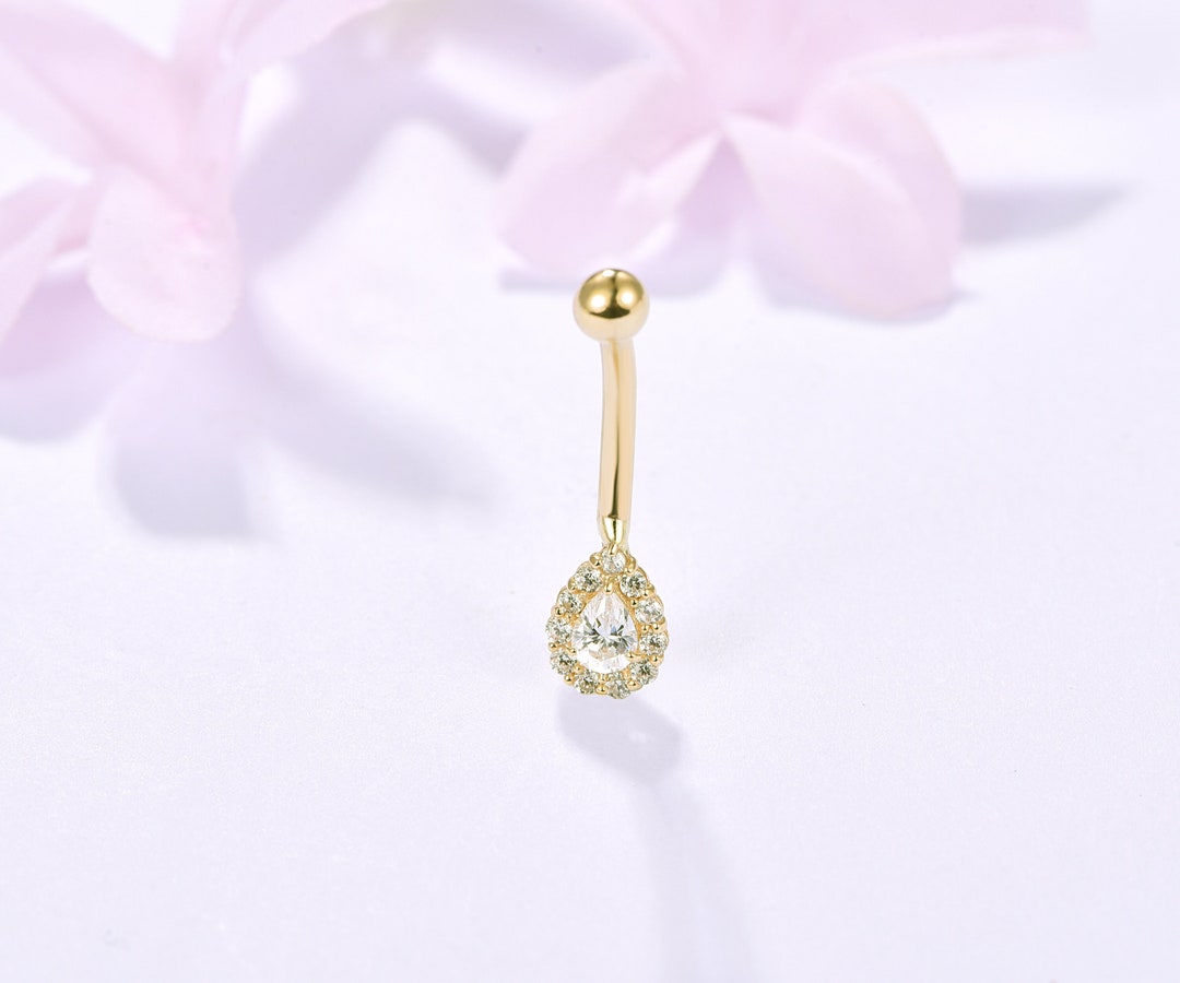 14k Solid Gold Tear Drop Belly Button Ring Navel Piercing Pear Shape ...