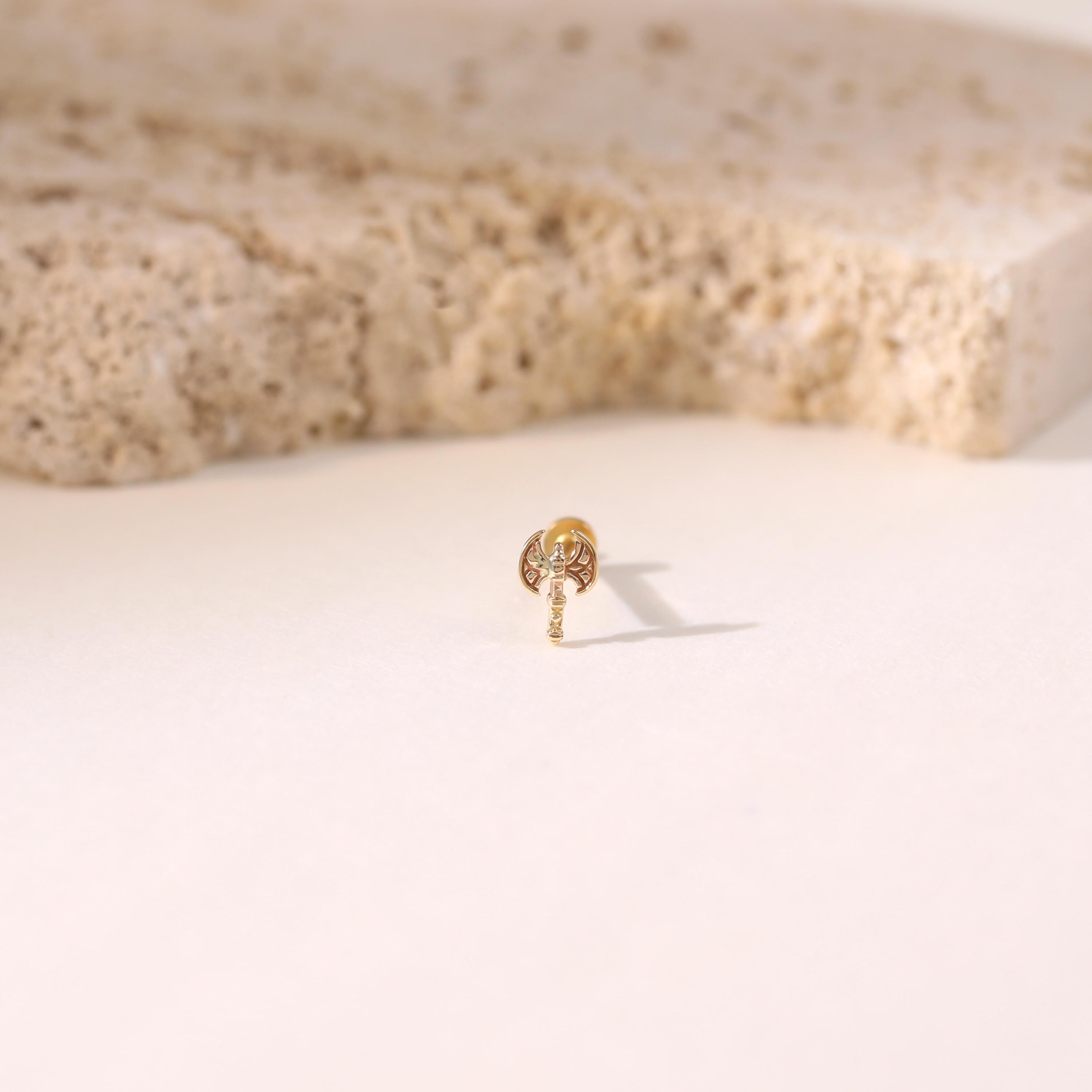 14k Solid Gold Double Headed Axe Helix Threadless Push Pin Stud Axe ...