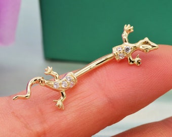 14k Solid Gold Gecko Lizard Belly Button Ring Belly Ring 14g Piercing Jewelry Etsy