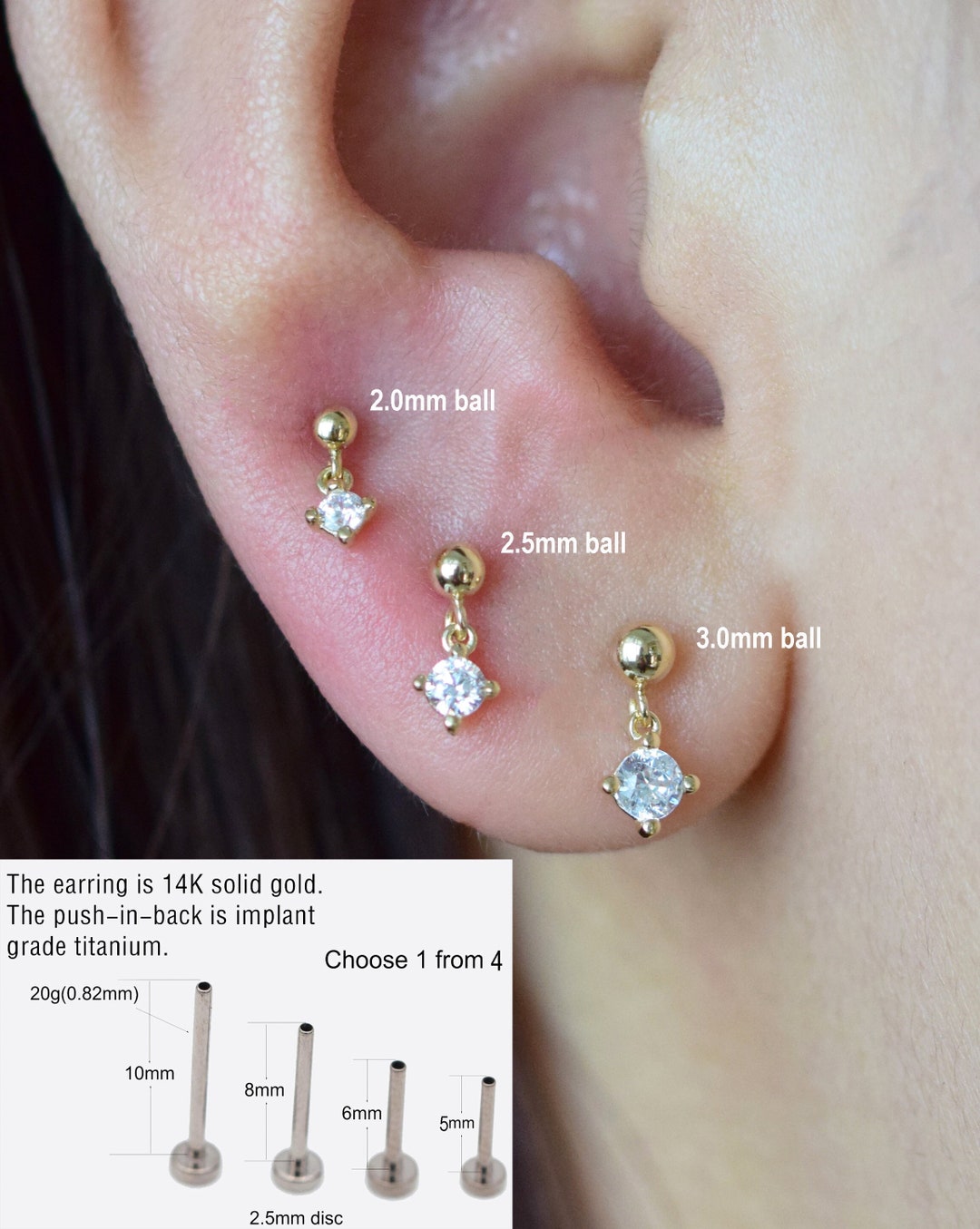 14k Solid Gold Ball Dangle Stud Earring Dainty Clear Stone Drop Stud Cartilage Stud Conch Stud ...
