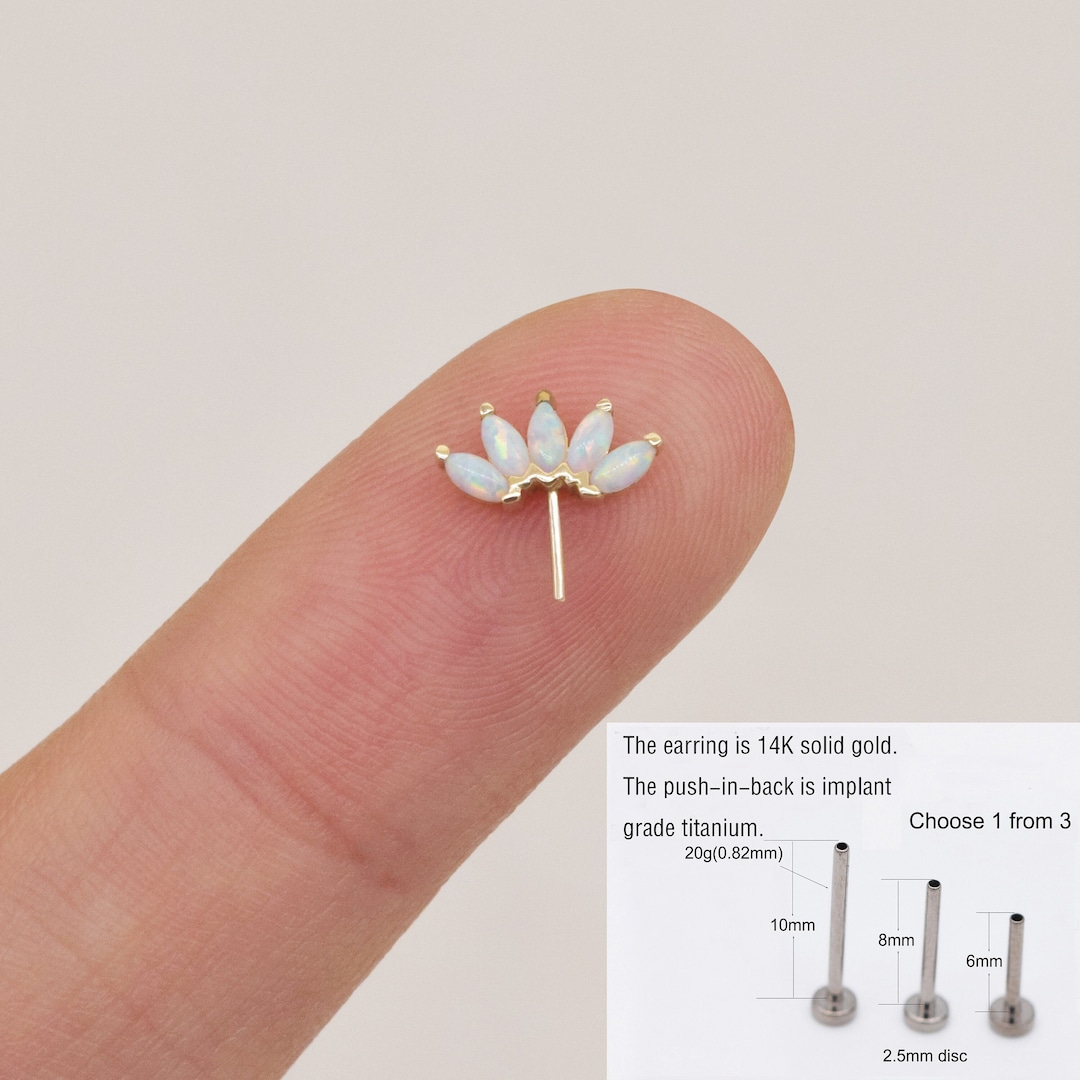 14k Solid Gold Opal Fan Shaped Vertical Helix Stud Hidden Rook Push ...