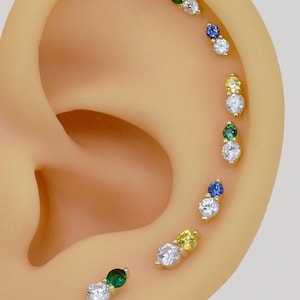 14k Solid Gold Multi-color Stone Stud Earring Dainty Color CZ Cartilage ...