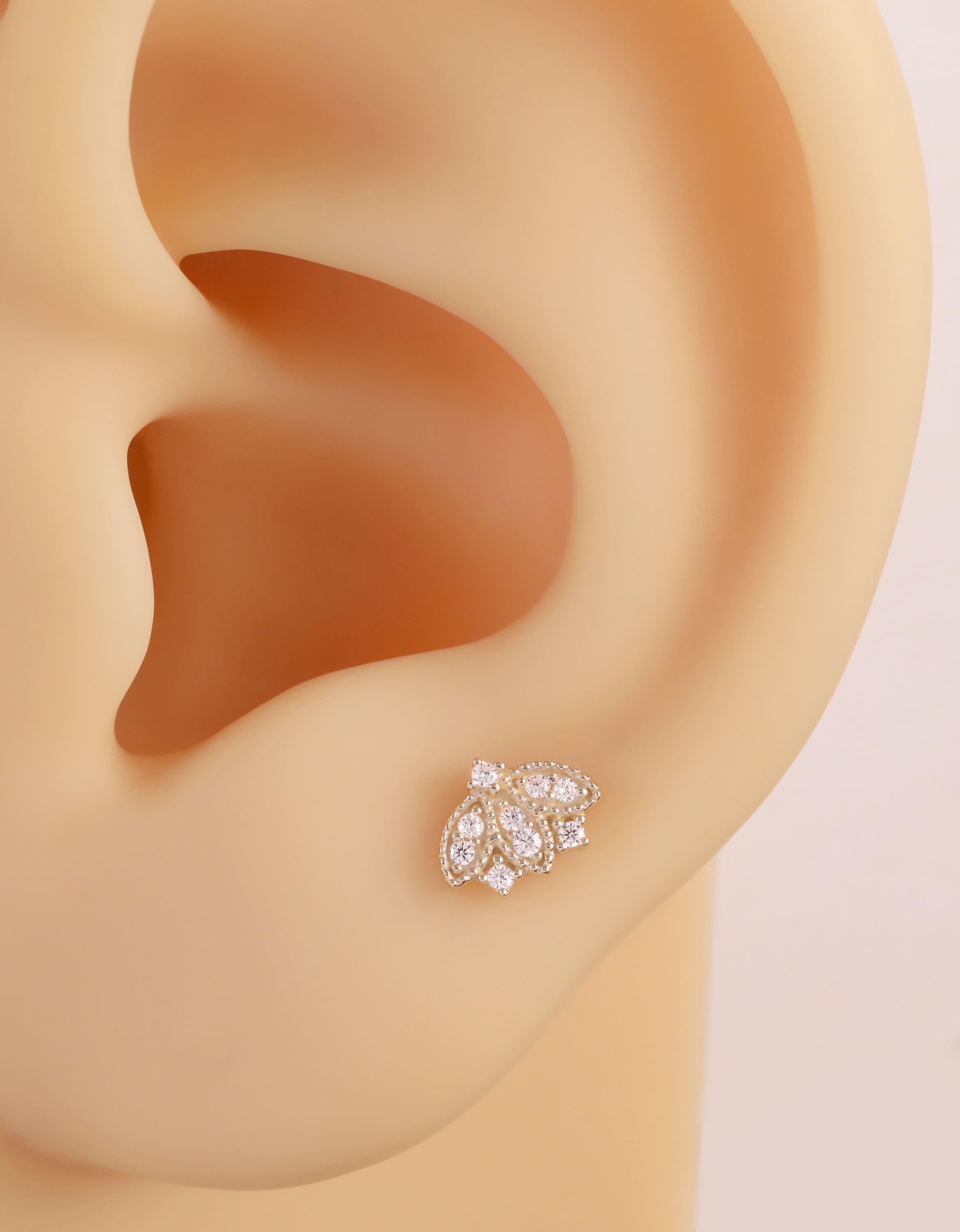 14K Solid Gold Tiny Lotus Flower Threadless Earring, Cartilage Piercing ...