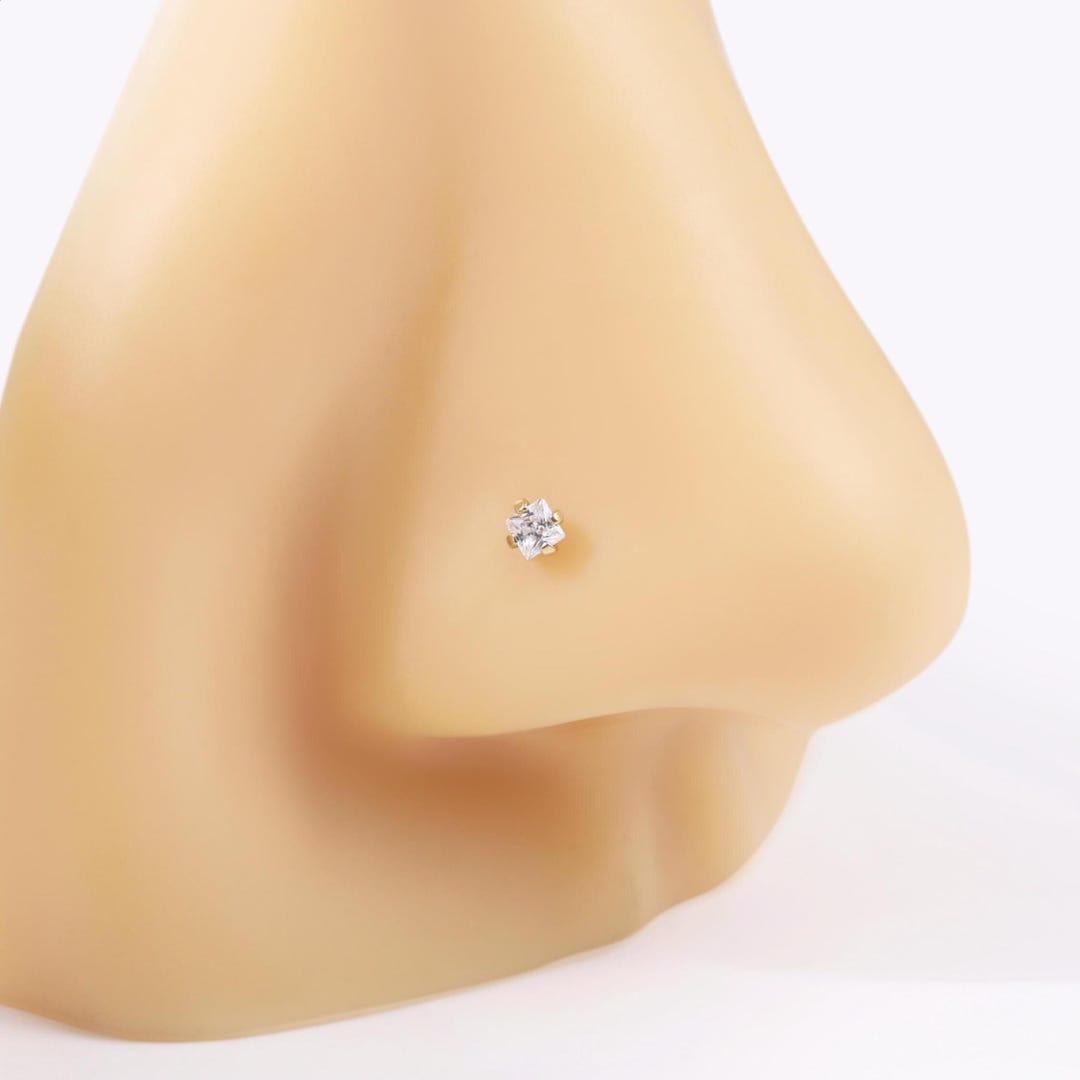 14k Solid Gold Princess Gemstone Twisted Nose Stud: Dainty L Shaped ...