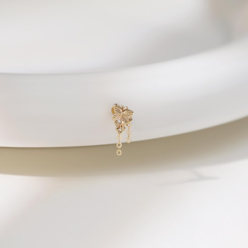 14k Solid Gold Butterfly Dangle Chain Helix Push Back, Dainty Fluted ...
