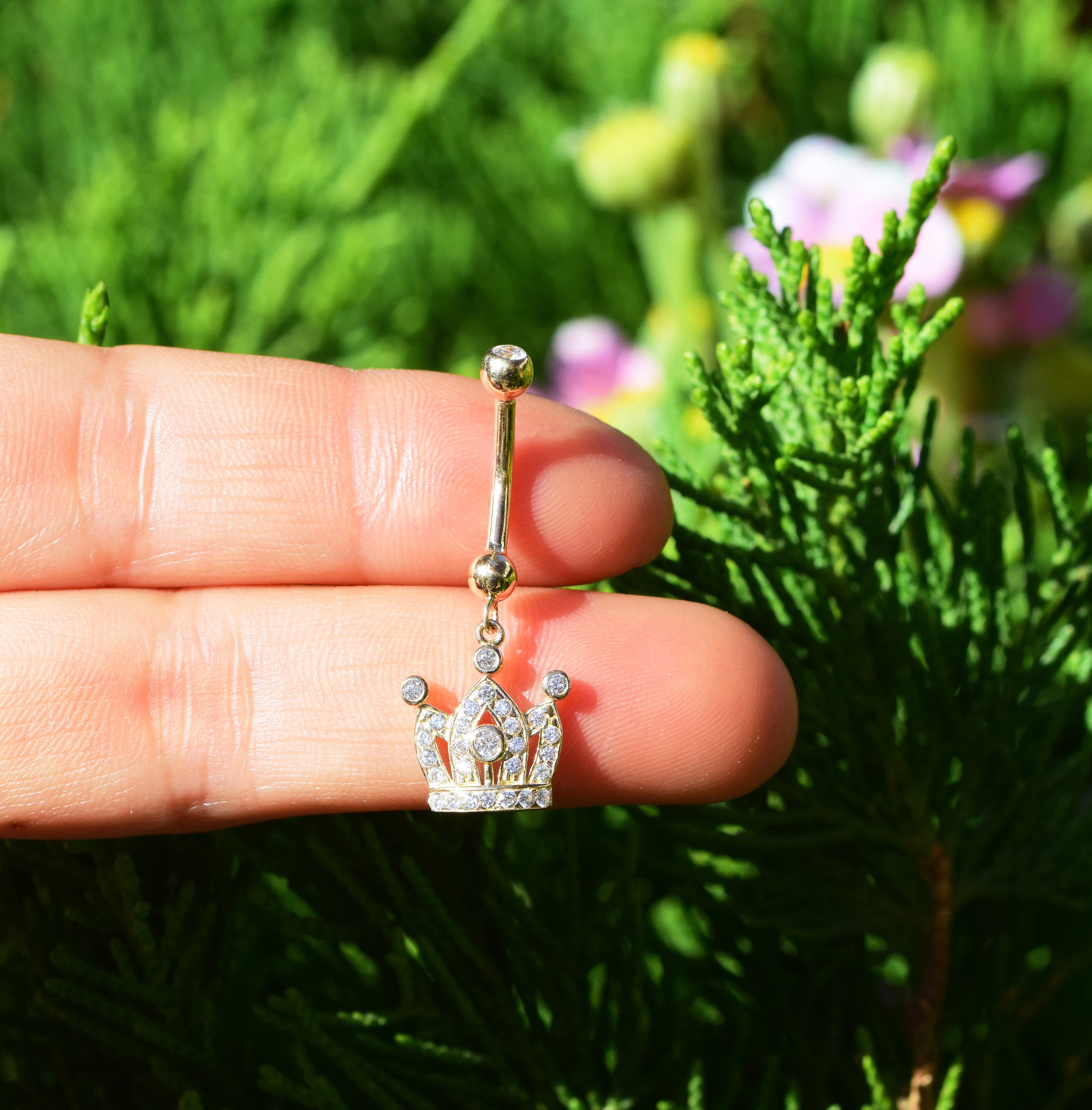 14k Solid Gold Crown Belly Button Ring Crown Dangle Navel Ring | Etsy