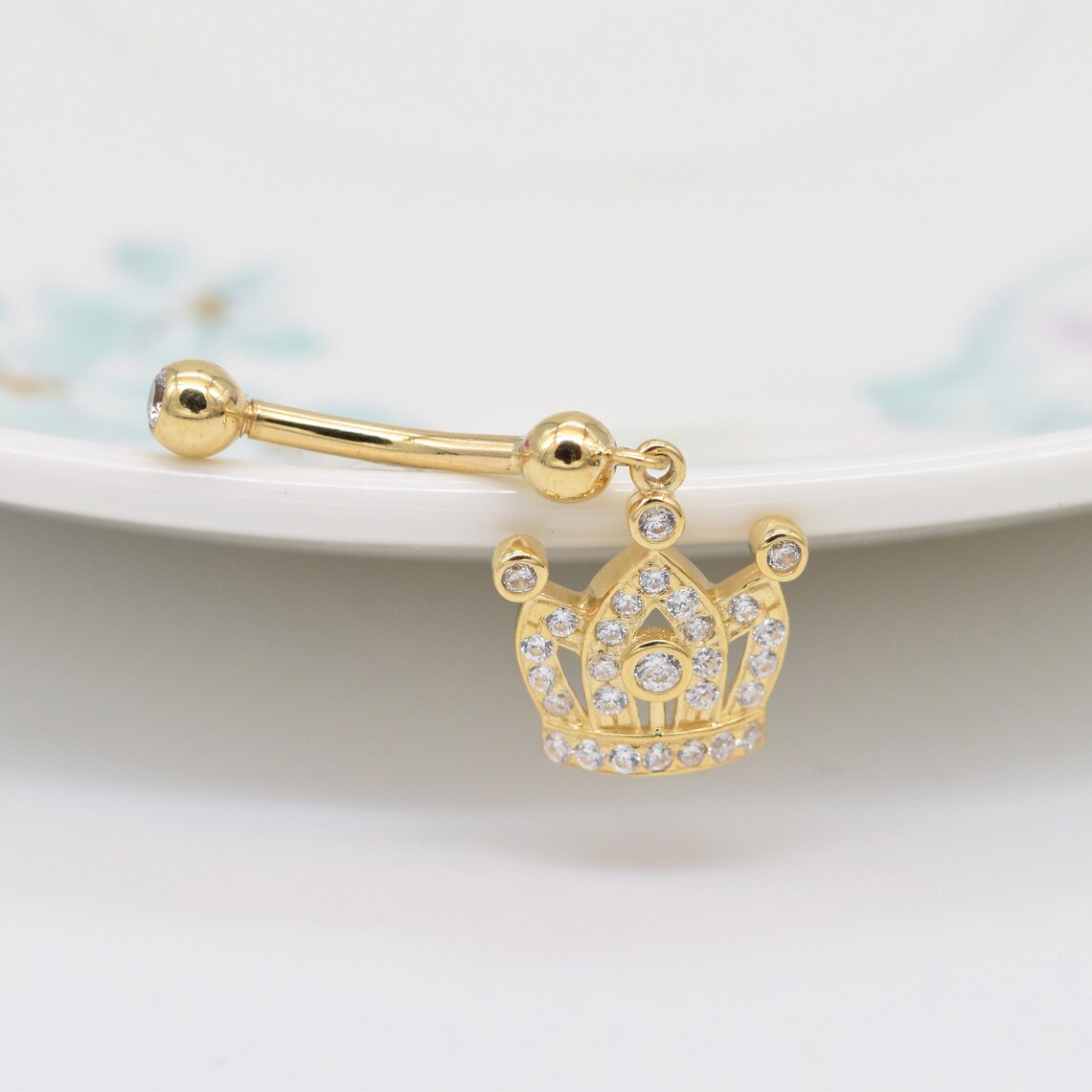 14k Solid Gold Crown Belly Button Ring Crown Dangle Navel Ring | Etsy