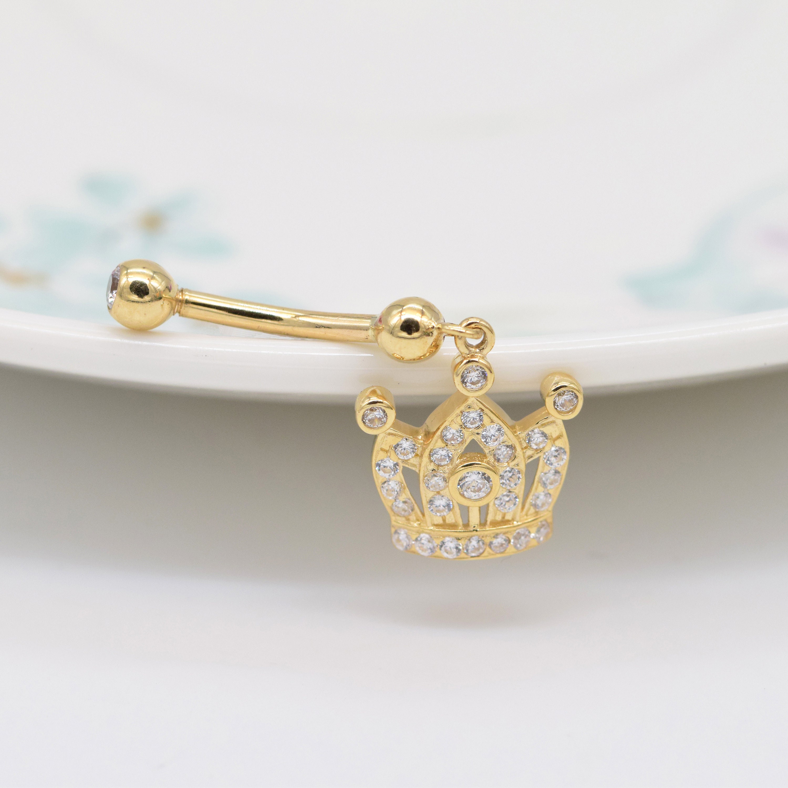 14k Solid Gold Crown Belly Button Ring Crown Dangle Navel Ring | Etsy