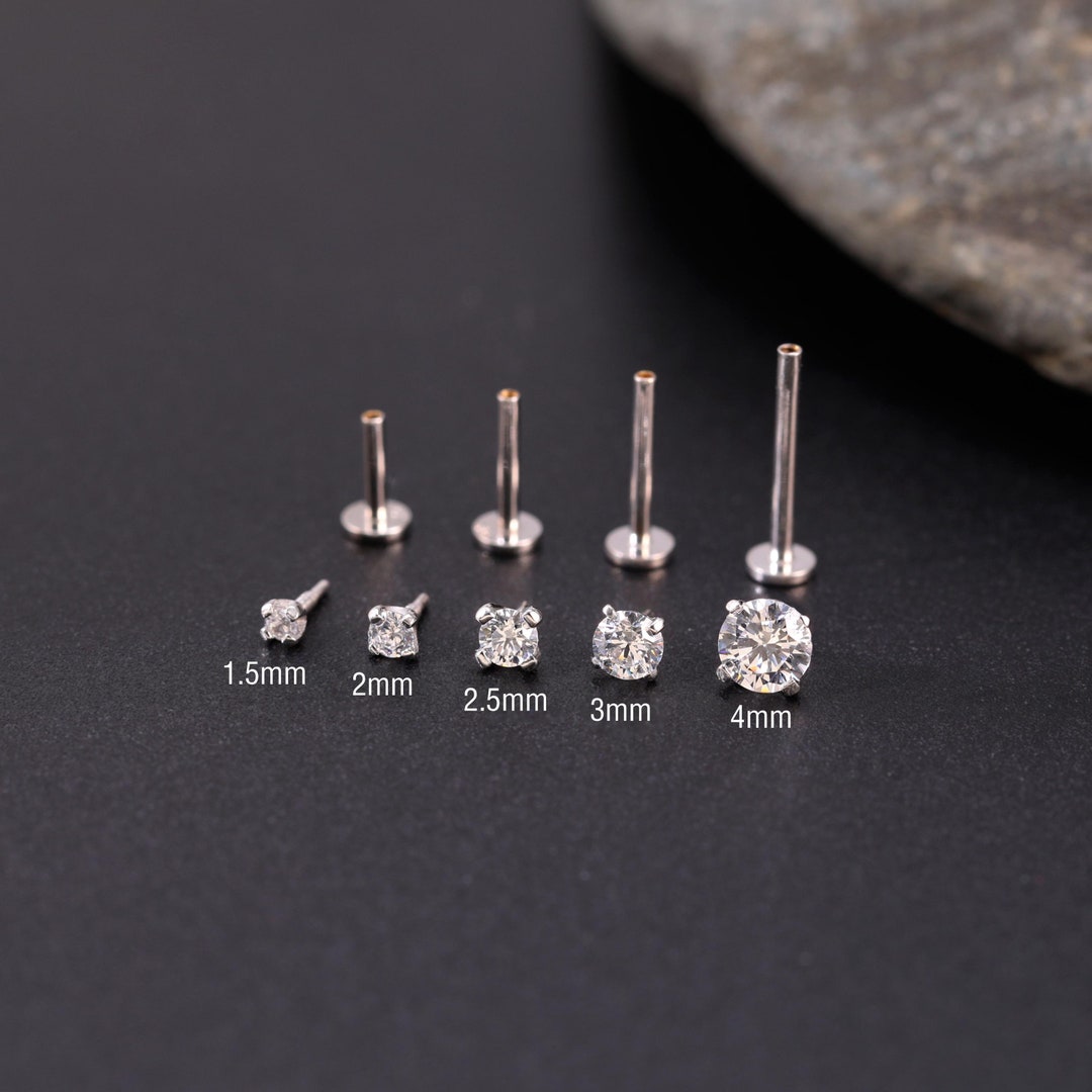 14k Solid White Gold Solitaire Diamond Cartilage Stud Internal Threaded ...