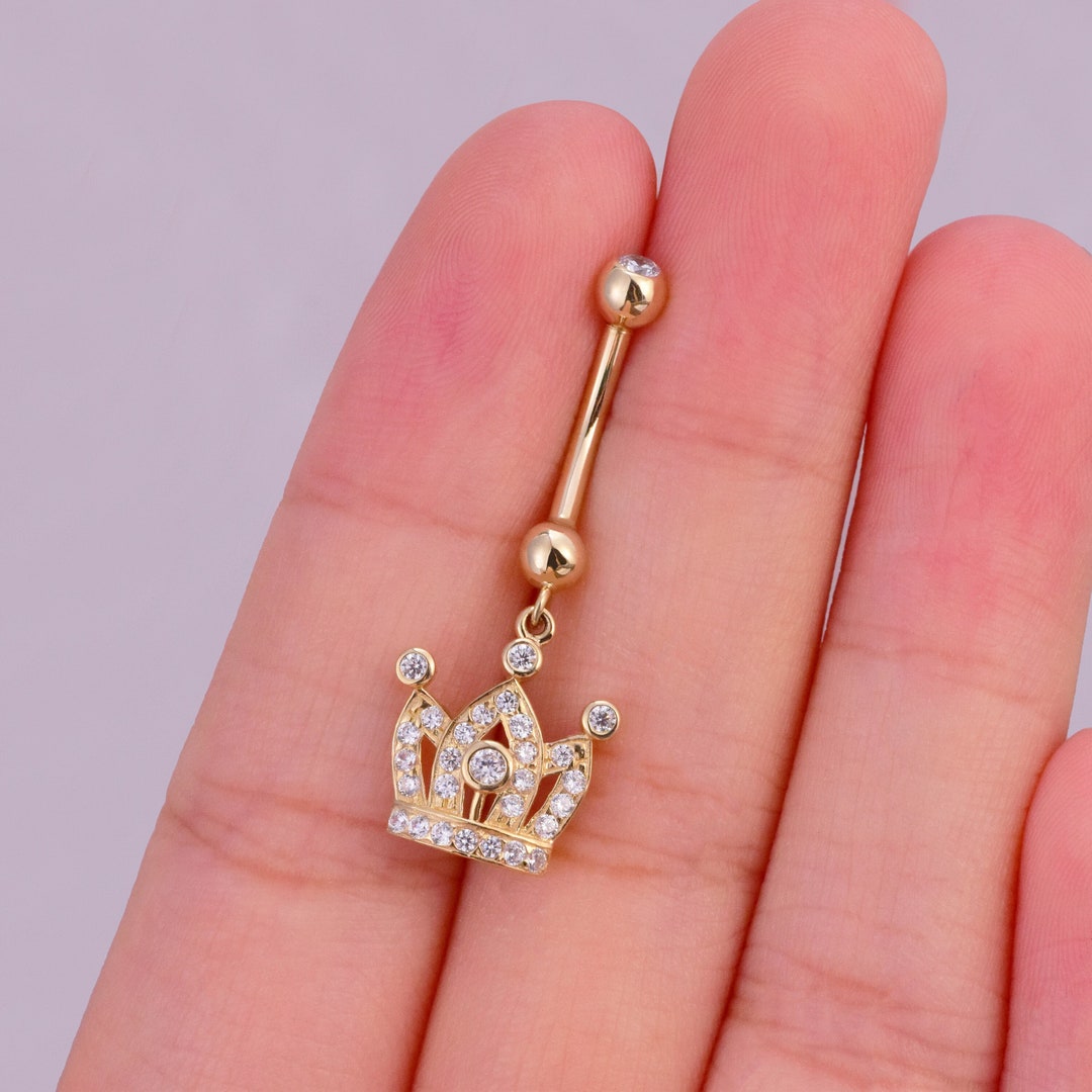 14k Solid Gold Crown Belly Button Ring Crown Dangle Navel Ring Threaded ...