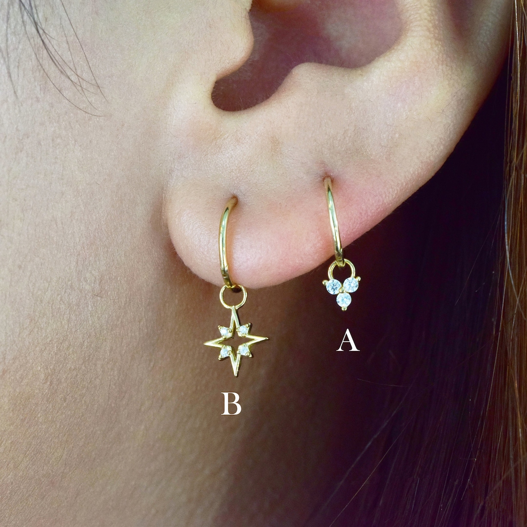 14K Solid Gold Dangle Star & Flower Diamond Charm Gold Star Rook ...