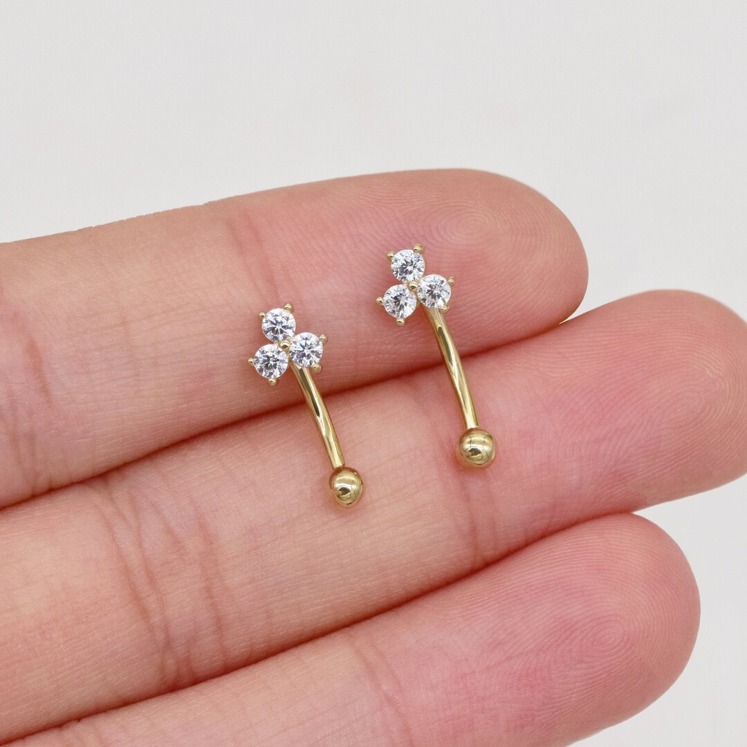 14K Solid Gold Three Stone Rook Piercing Flower Eyebrow Piercing Curved ...