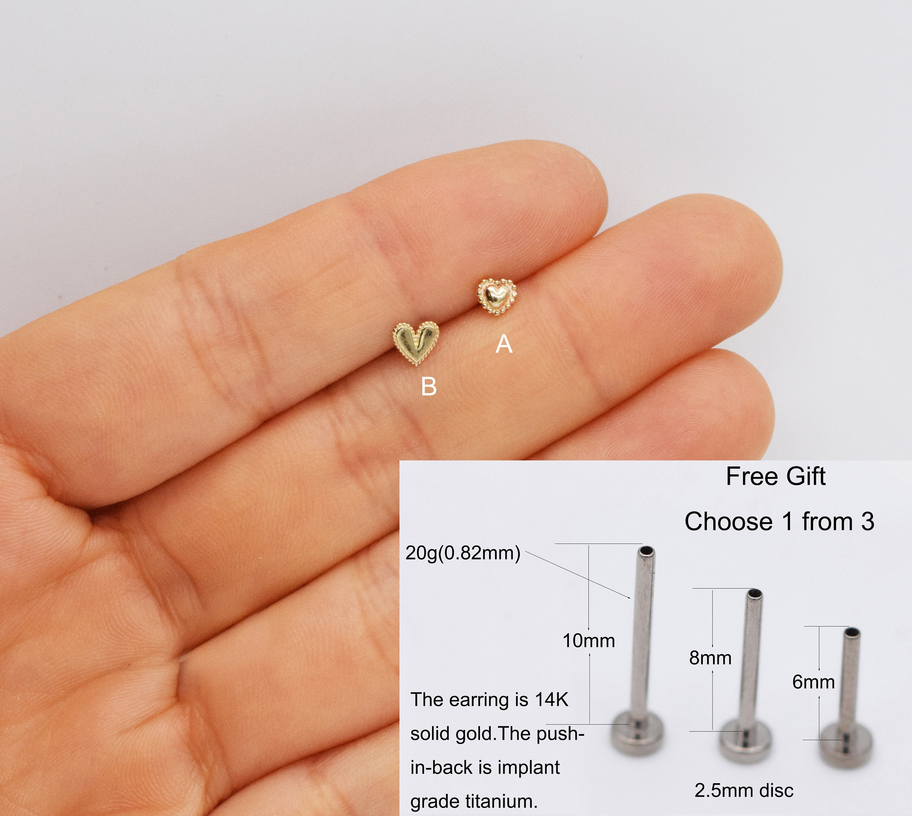 14K Solid Gold Heart Shape Cartilage Stud Earring Conch Earring Tiny ...