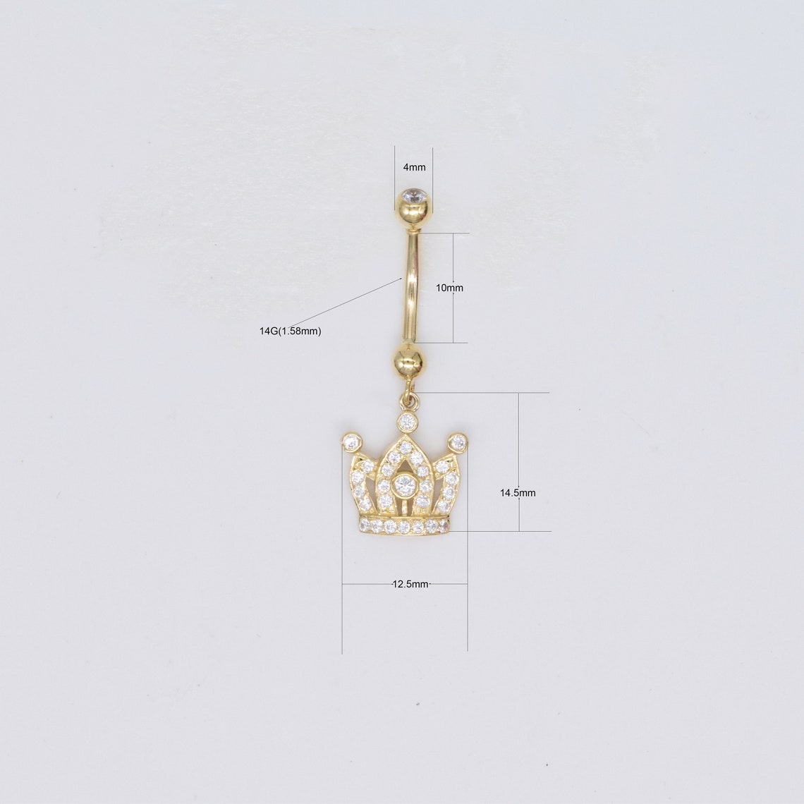 14k Solid Gold Crown Belly Button Ring Crown Dangle Navel Ring | Etsy