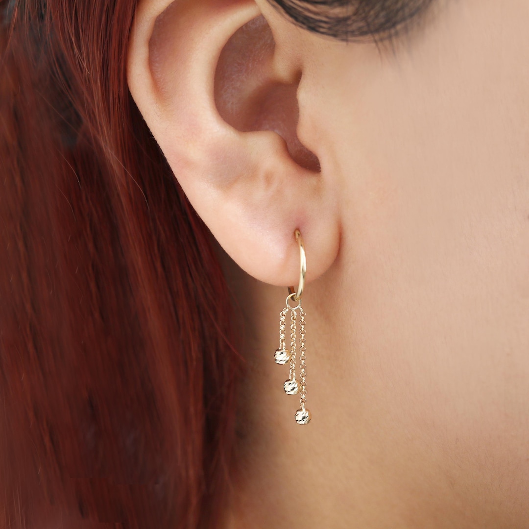 14K Solid Gold Dangling Threaded Ball Chain Charm, Dangle Triple Chain ...