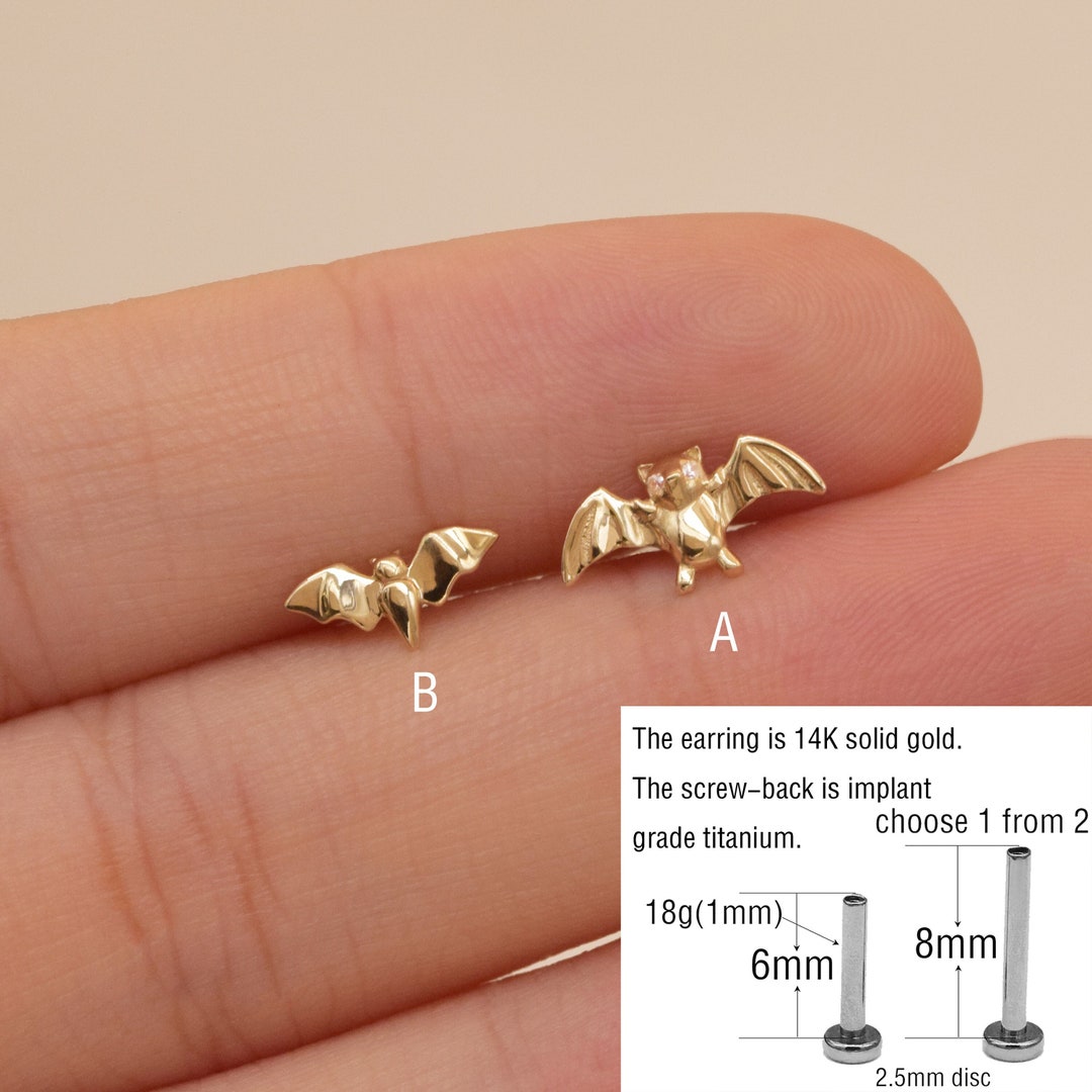 14k Solid Gold Tiny Bat Stud Earring Internally Threaded Cartilage ...