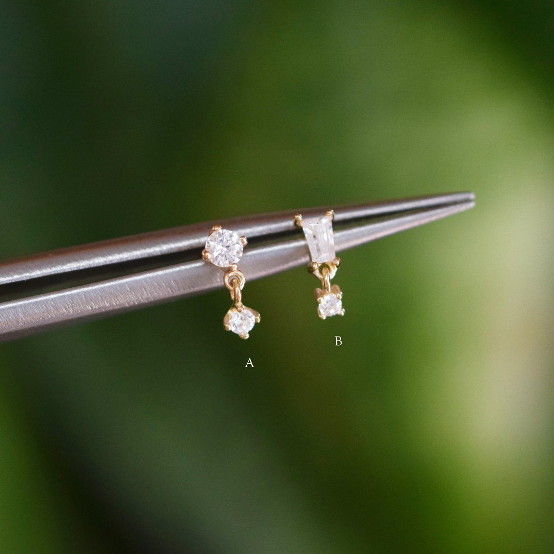 14k Solid Gold Dangle Stud Earring Dainty Charm Earring Tiny Hanging ...