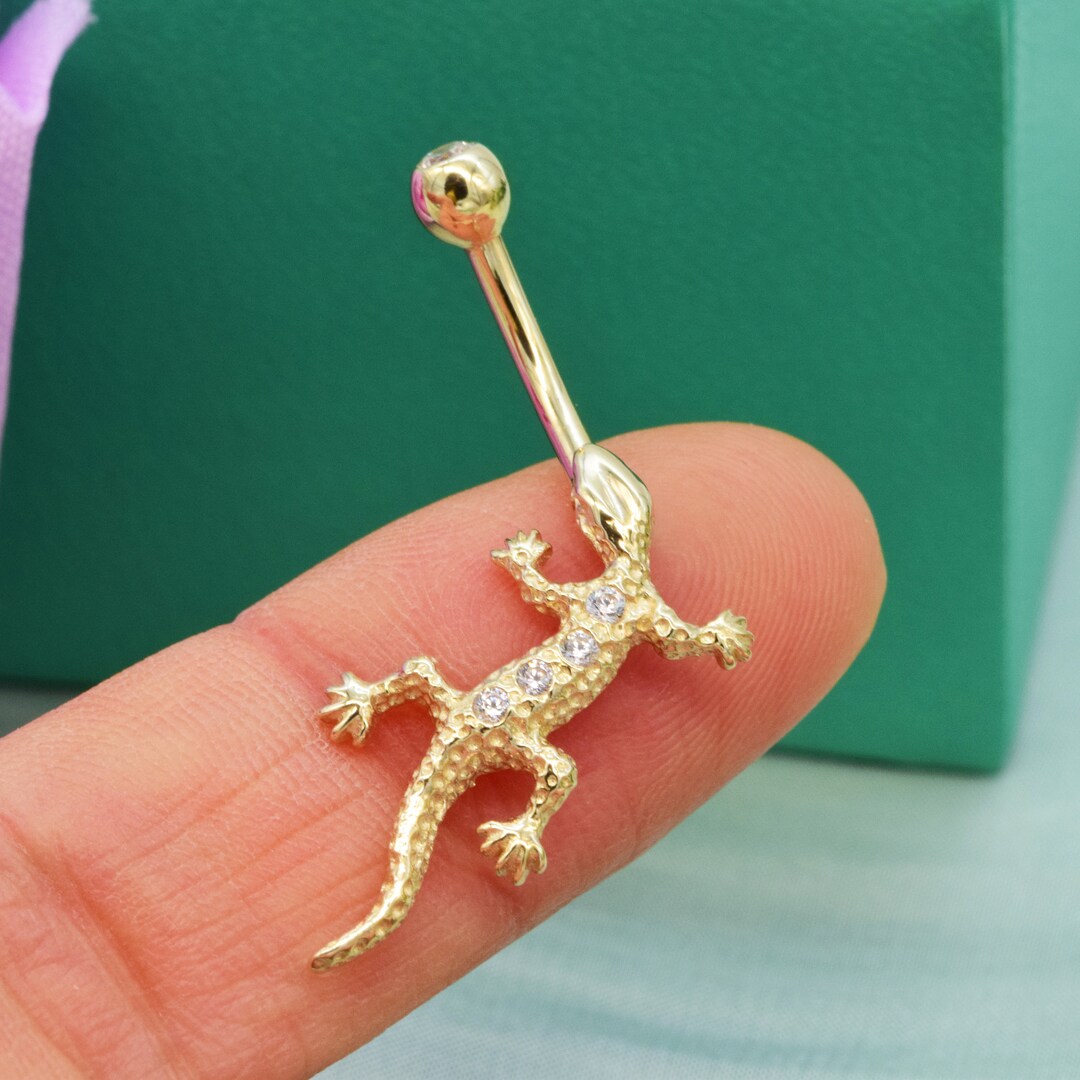 14k Solid Gold Unique Gecko Lizard Belly Button Ring Animal-inspired ...