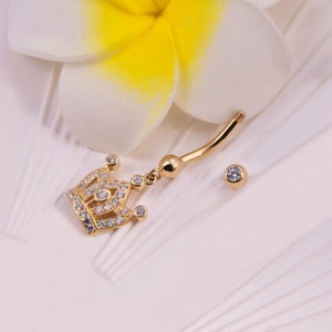 14k Solid Gold Crown Belly Button Ring Tiara Dangle Navel Ring Curved ...