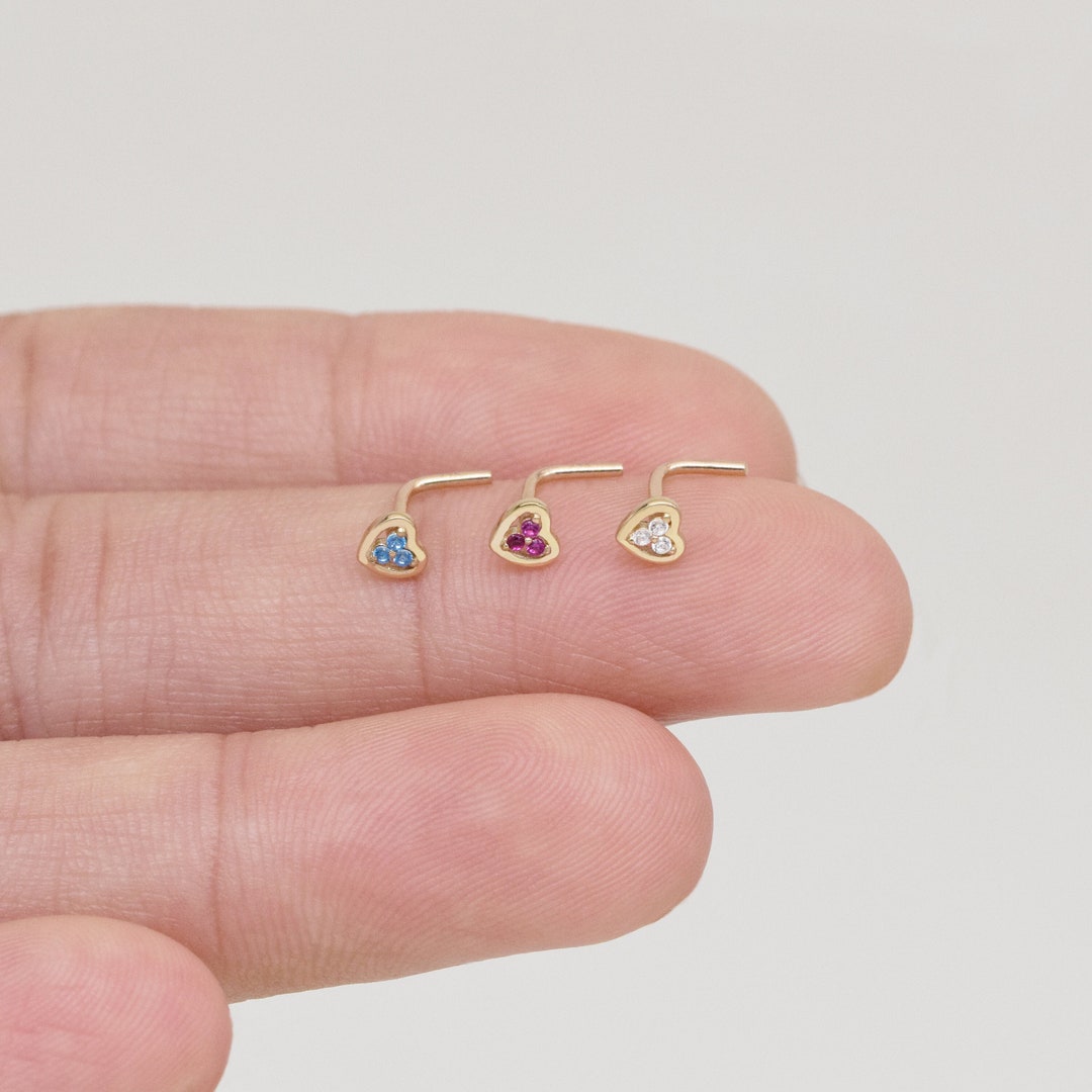 14k Solid Gold Heart Shape Nose Stud Nose Ring White Ruby Blue CZ Nose ...