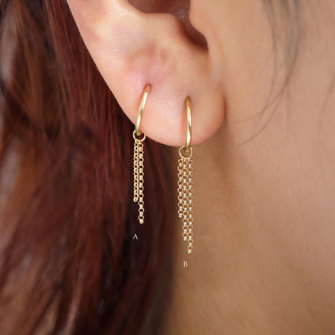 14K Solid Gold Dangle Double Chain Hoop Charm Triple Pearl Chain Rook ...