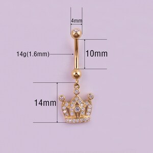 14k Solid Gold Crown Belly Button Ring Tiara Dangle Navel Ring Curved ...