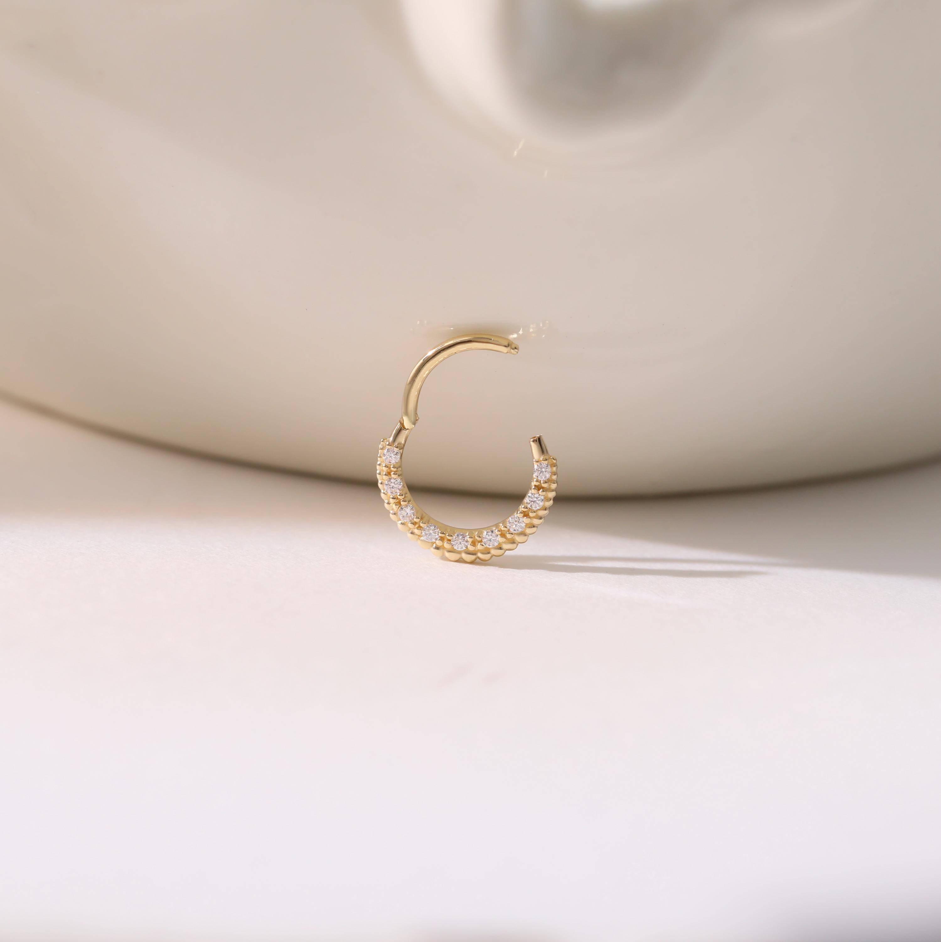 14k Solid Gold Beaded Diamond Cluster Daith Ring Clear CZ Septum Nose ...