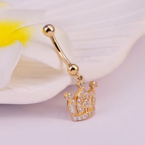 14k Solid Gold Crown Belly Button Ring Tiara Dangle Navel Ring Curved ...