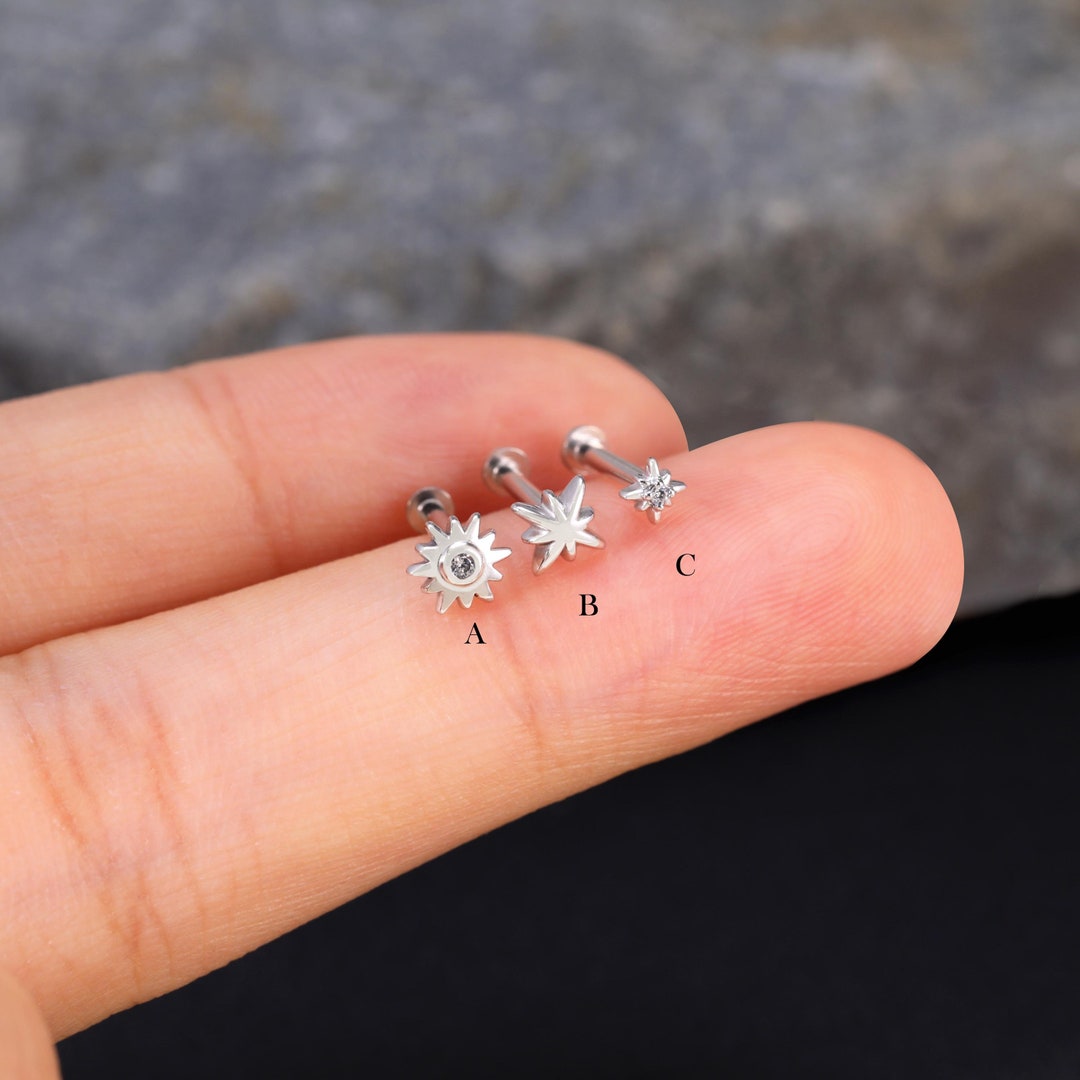 14K Solid White Gold Starburst Stud Earring Star Cartilage Stud ...